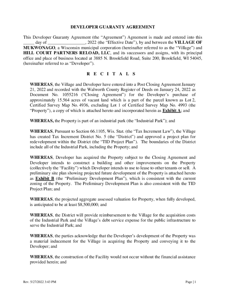 Fillable Online DEVELOPER GUARANTY AGREEMENT Fax Email Print - pdfFiller