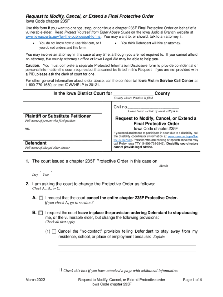Fillable Online Request to Modify, Cancel, or Extend a Final Protective Order In the ... Fax ...