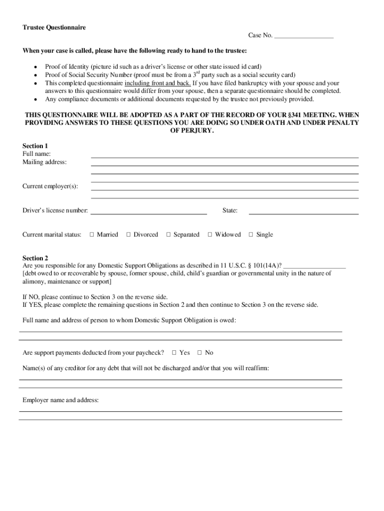 Fillable Online Trustee Questionnaire Case No. When your case is called ...