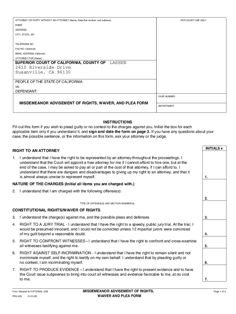 Fillable Online PRU-200 - Misdemeanor Advisement of Rights, Waiver, and ...