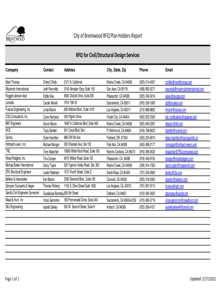 Fillable Online RFQ for Civil/Structural Design Services City of Brentwood RFQ Plan ... Fax ...