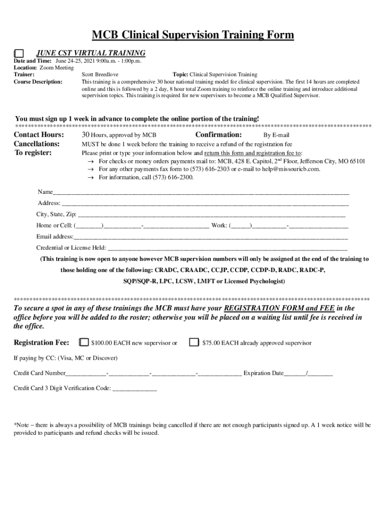 Fillable Online MCB Clinical Supervision Training Form - missouricb.com ...