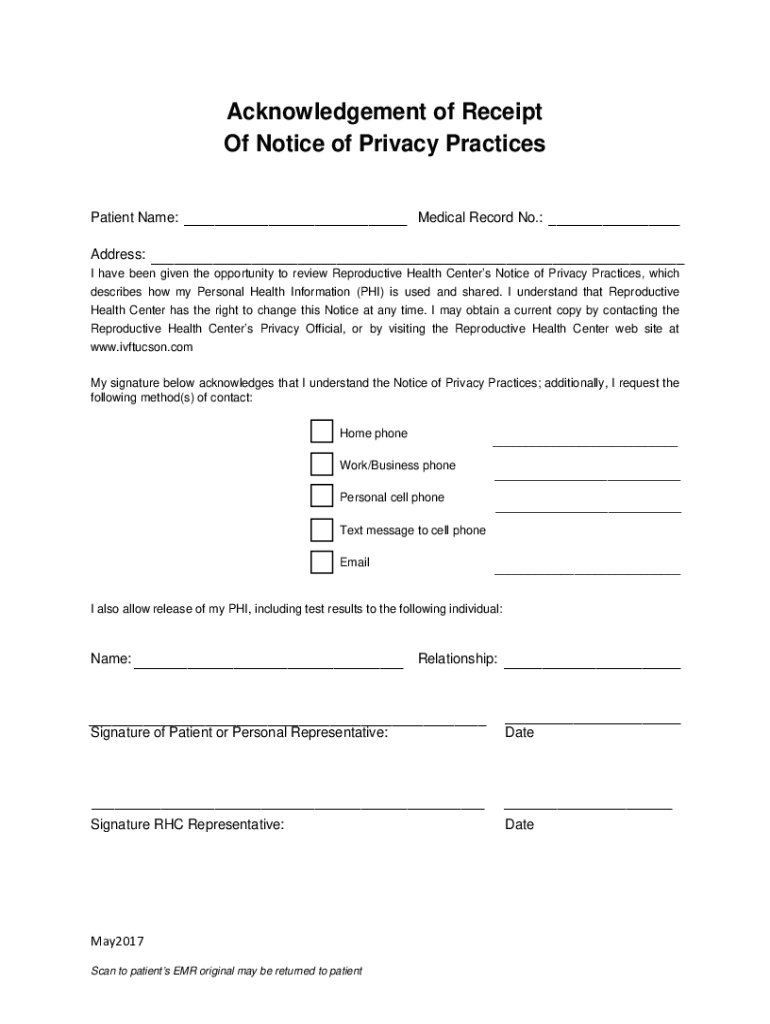 Fillable Online ivftucson.com wp-content uploadsAcknowledgement of ...