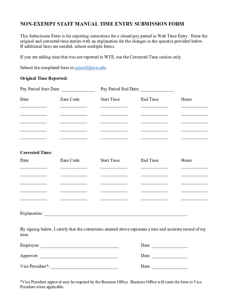 Fillable Online www.iwu.edubusiness-officepayrollNON-EXEMPT STAFF ...