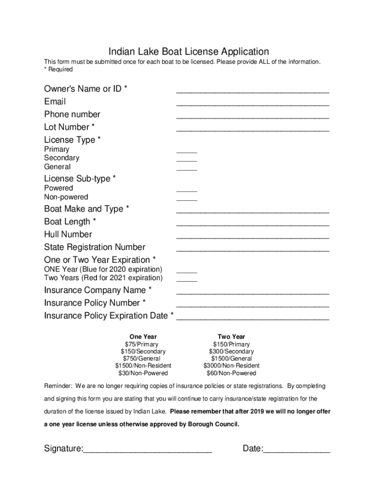Fillable Online indianlakepa.us Portals 152019 Indian Lake Boat License ...
