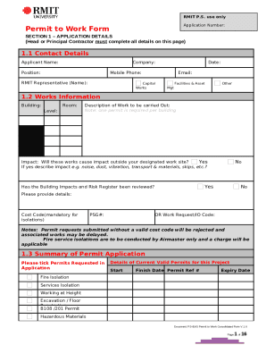 RMIT P.S. use only Permit to Work Application Number Doc Template ...