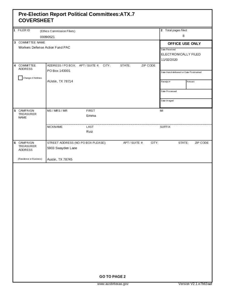 Fillable Online Pre-Election Report Political Committees:ATX.7 ...
