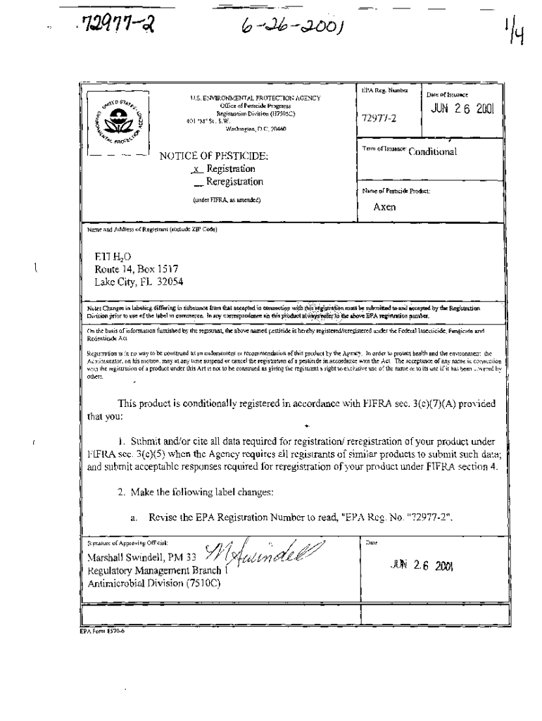 Fillable Online U.S. ENVIRONMENTAL PROTECTION AGENCY EPA Reg. Number ...