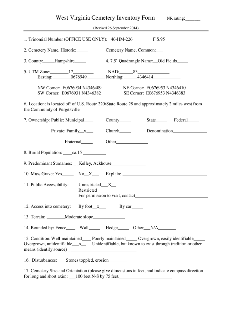 Fillable Online West Virginia Cemetery Survey Form - MapWV.gov Fax ...