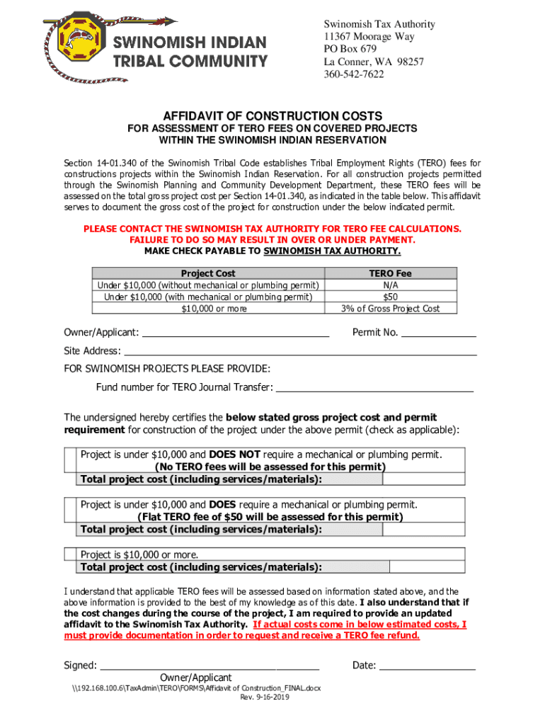 Fillable Online affidavit of construction costs - for assessment of tero fees on ... Fax Email ...