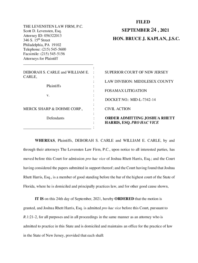 Fillable Online CarleOrder Admitting Pro Hac Vice Joshua Rhett Harris ...