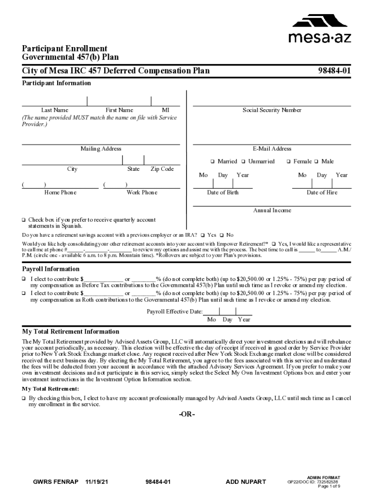 Fillable Online www.mesaaz.gov home showpublisheddocumentGovernmental 457(b) Plan Participant ...