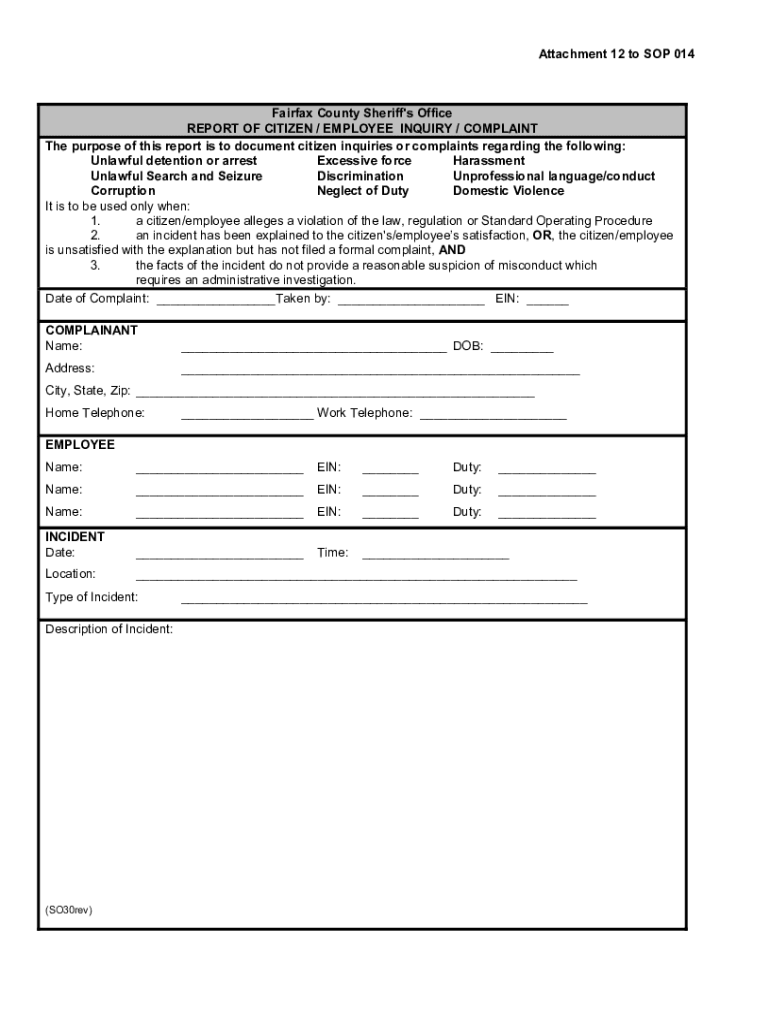 Fillable Online SOP 014 Att. 12, Report of Citizen, Employee Inquiry ...