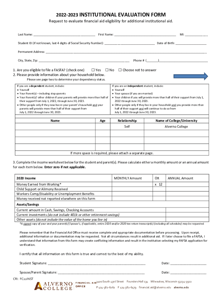 Fillable Online 2021-2022 INSTITUTIONAL EVALUATION FORM - Alverno College Fax Email Print ...