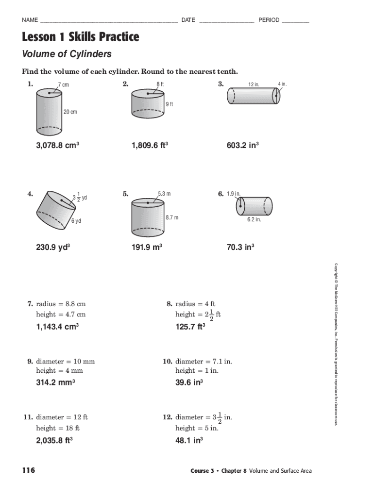 Fillable Online www.onlinemathlearning.comvolume-of-a-cylinderVolume of Cylinders (solutions ...