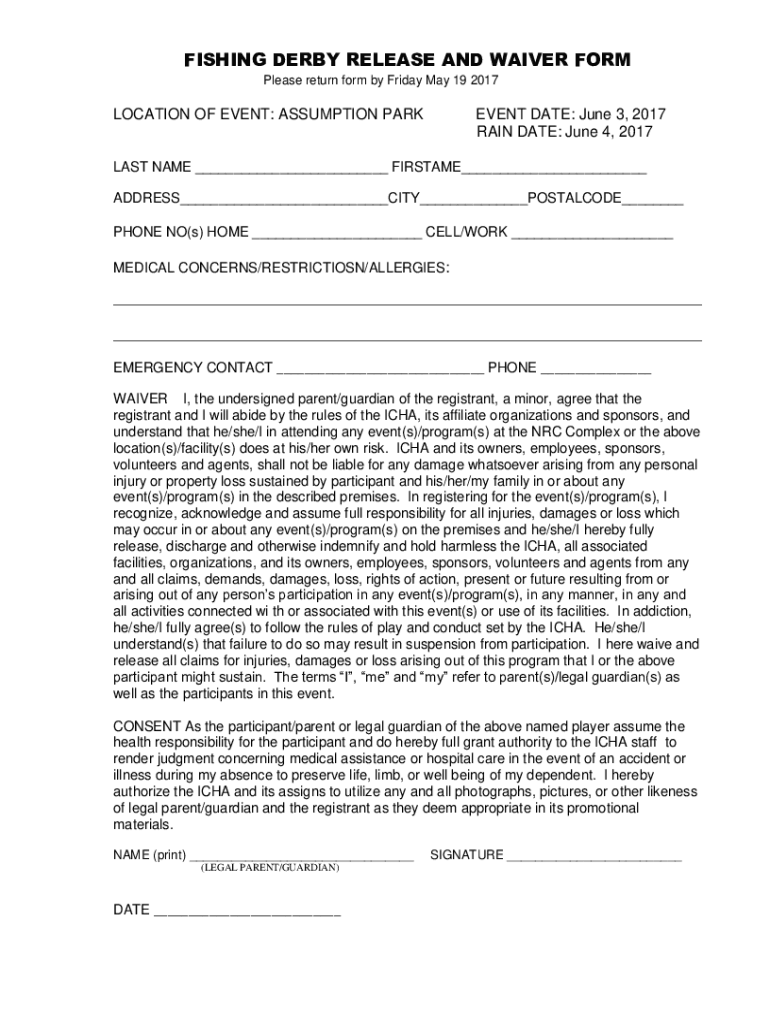 Fillable Online www.icha.ca wp-content uploadsFISHING DERBY RELEASE AND ...