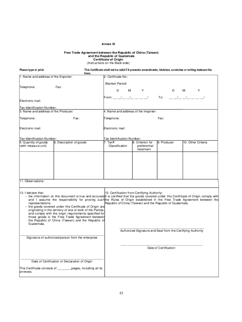 Fillable Online ANNEX III CERTIFICATE OF ORIGIN AND FILLING ...