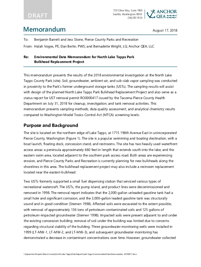 Fillable Online Environmental Data Memorandum for North Lake Tapps Park ...