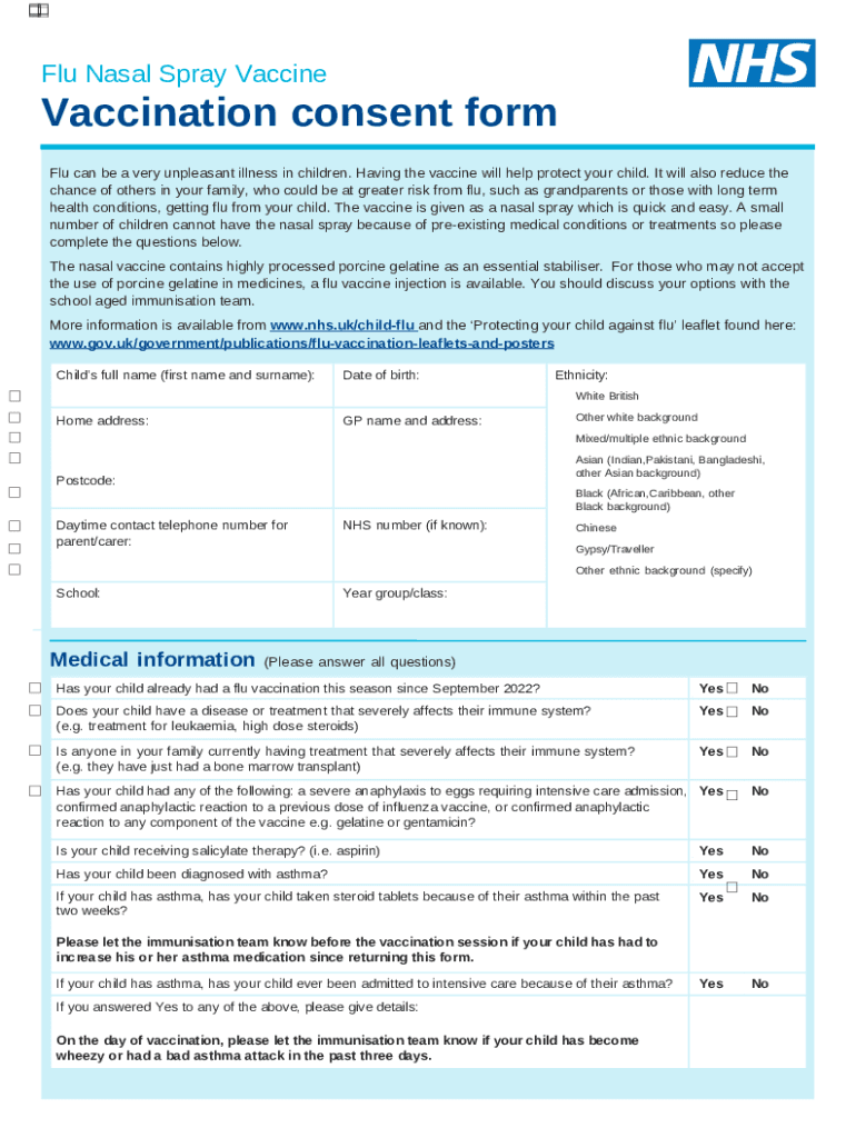 Flu Nasal Spray Vaccination consent . Flu Nasal Spray Vaccination ...