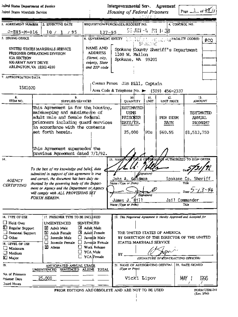 Fillable Online www.usmarshals.govfoiaIGAs-Cap AgreementsS. Agreement I ...