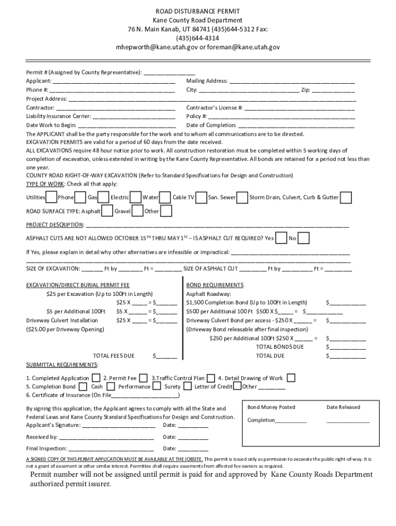 Fillable Online kane utah ROAD DISTURBANCE PERMIT Kane County Road Department 76 N. Main Kanab ...
