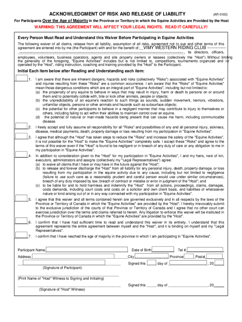 Fillable Online ACKNOWLEDGMENT OF RISK AND RELEASE OF LIABILITY ...