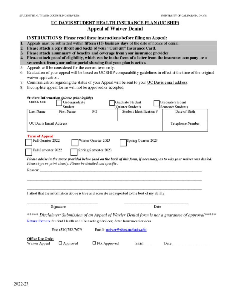 Fillable Online shcs ucdavis UC SHIP Waiver Information - Student ...