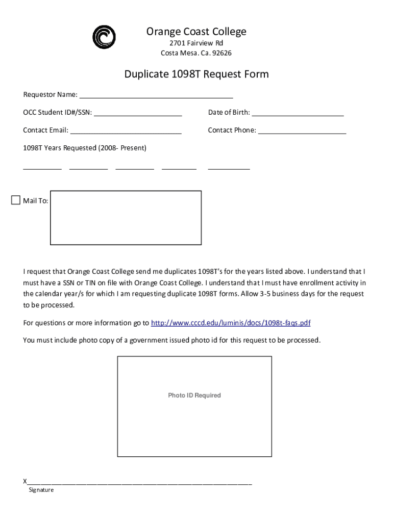 Fillable Online Duplicate 1098T Request Form. Duplicate 1098T Request ...