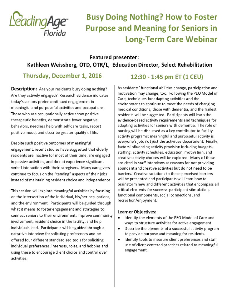 Fillable Online Busy Doing Nothing? How to Foster Purpose and Meaning ...