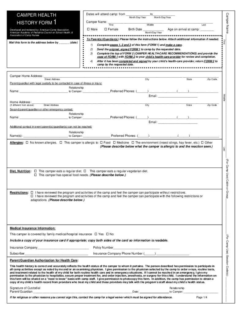 Fillable Online Fillable Online camper health history form 1 Fax Email Print - pdfFiller Fax ...