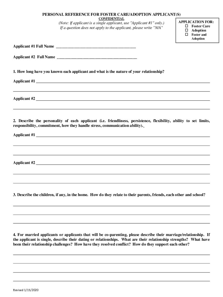 Foster Care/Adoption Applicant Reference Form - Blank Fillable Template ...