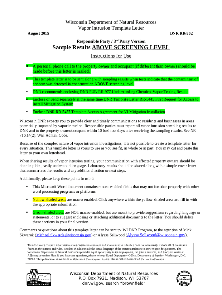 Template Letter: VI Sample Results Above Screening Level, RP ... - dnr ...
