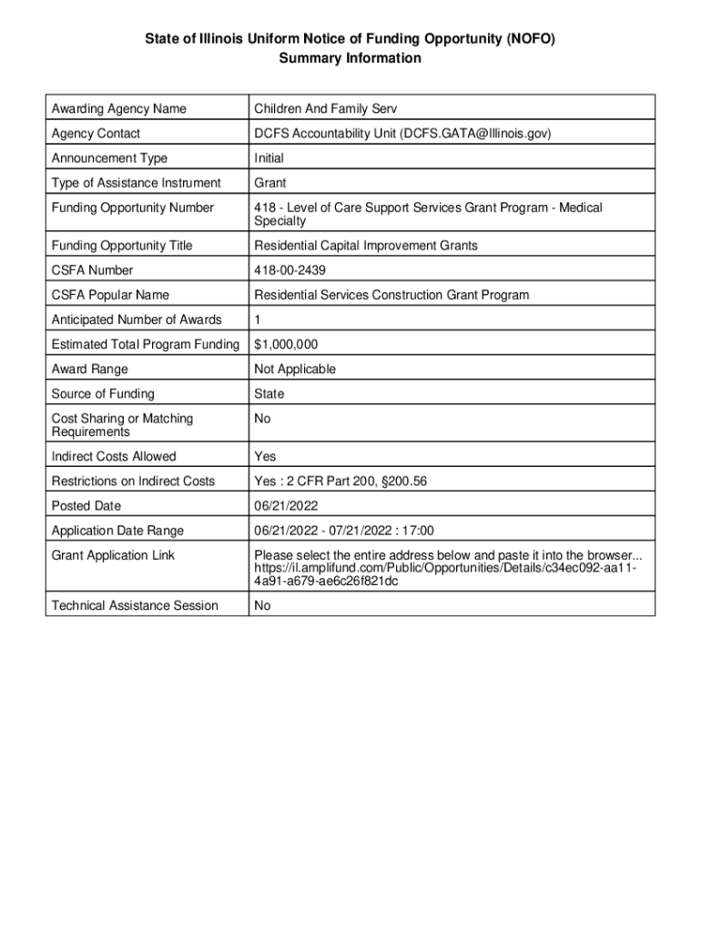 Fillable Online Uniform Notice for Funding Opportunity (NOFO) Summary ...