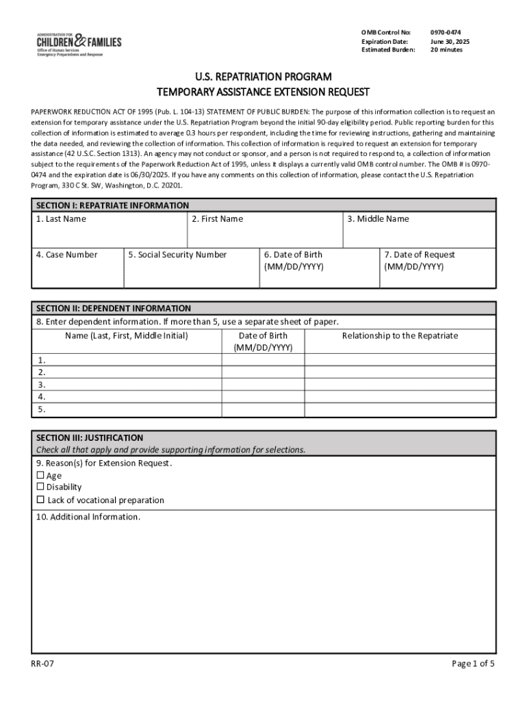 Fillable Online us repatriation program temporary assistance extension ...