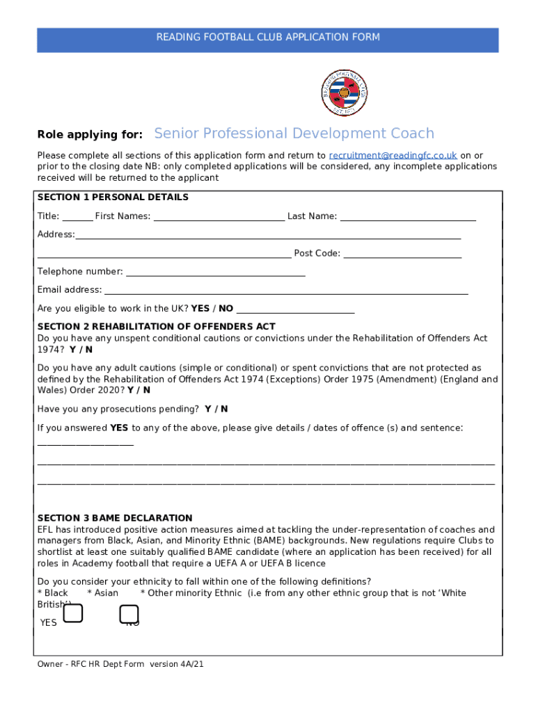 READING FOOTBALL CLUB APPLICATION Doc Template | pdfFiller