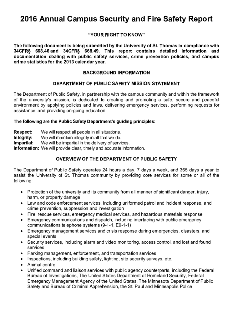 Fillable Online 2016 ANNUAL CAMPUS SECURITY REPORT & ANNUAL FIRE SAFETY ...