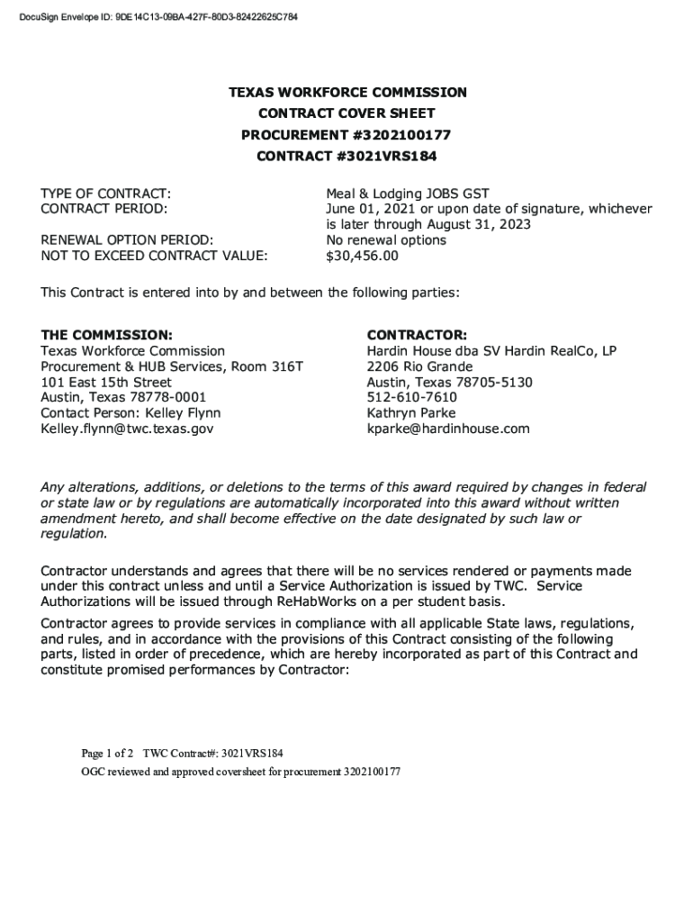 Fillable Online twc texas TEXAS WORKFORCE COMMISSION CONTRACT COVER ...