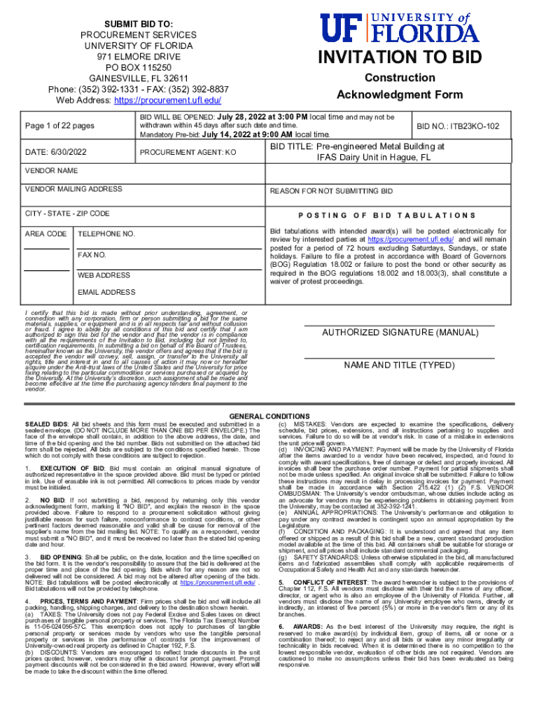 Fillable Online Schedule of BidsUF Procurement UF ProcurementSchedule of BidsUF Procurement UF ...