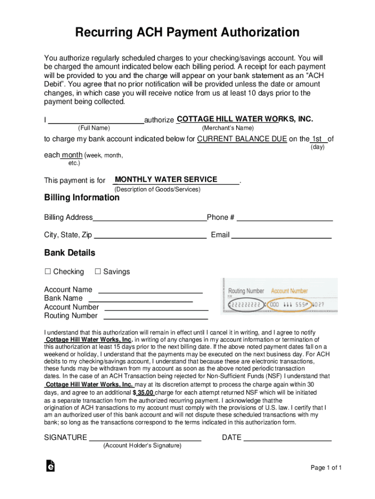 Fillable Online Recurring Payment Authorization Form-- ACH or Credit ...