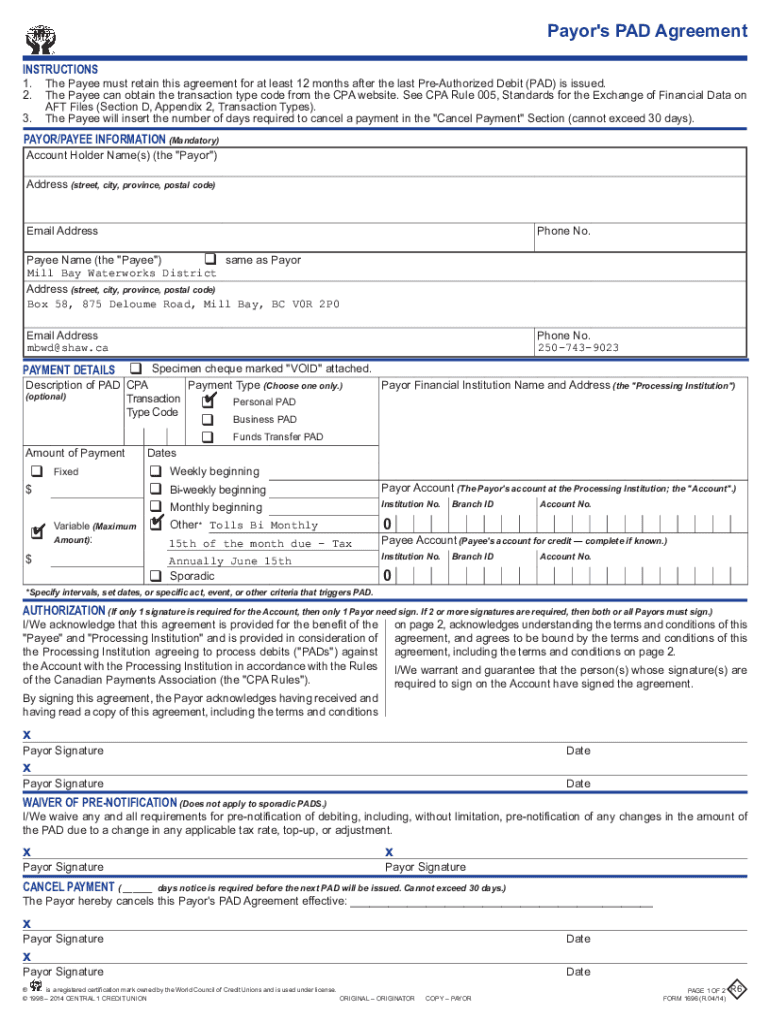 Fillable Online millbaywaterworks.ca documents 407Payor's PAD Agreement ...