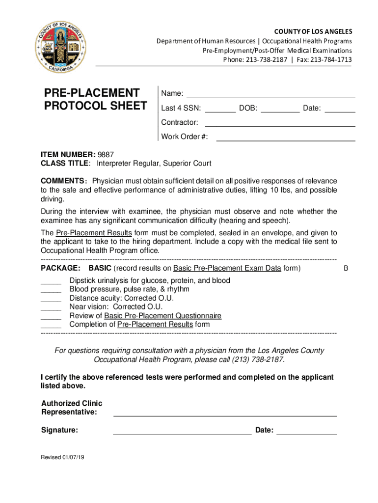 Fillable Online PRE-PLACEMENT PROTOCOL SHEET - County of Los Angeles ...
