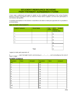 Fillable Online peregianspringsss eq edu STUDENT RESOURCE SCHEME PART PAYMENT AGREEMENT FORM Fax ...