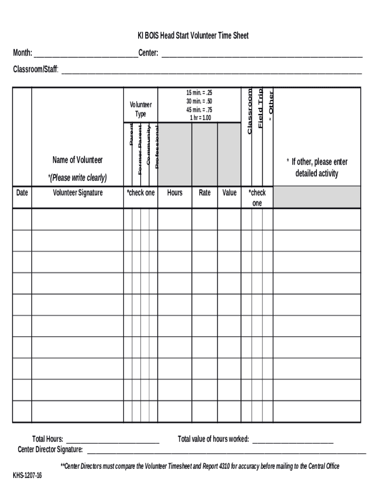 KI BOIS Head Start Volunteer Time Sheet Doc Template | pdfFiller