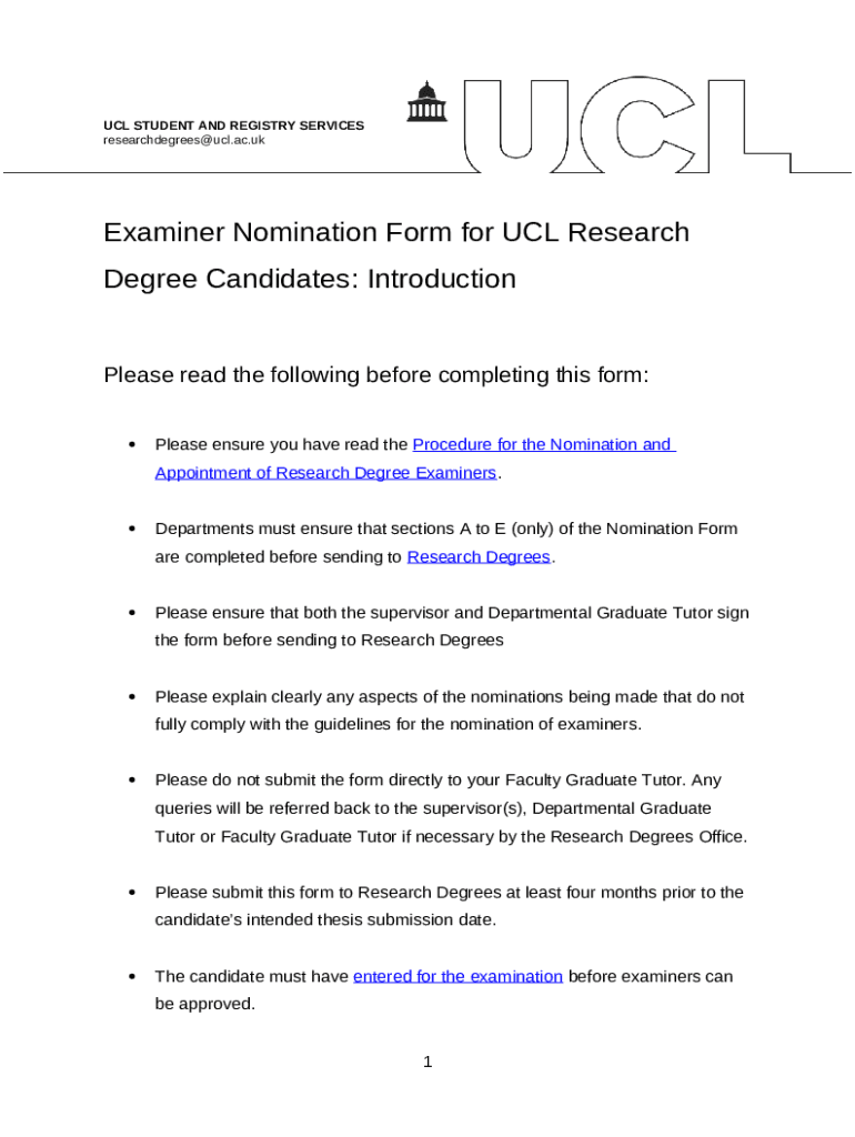 Research Degree Examiner Nomination - UCL Doc Template | pdfFiller