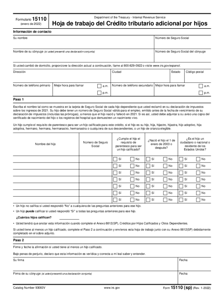 Fillable Online Form 15110 (sp) (Rev. 1-2022). Additional Child Tax ...