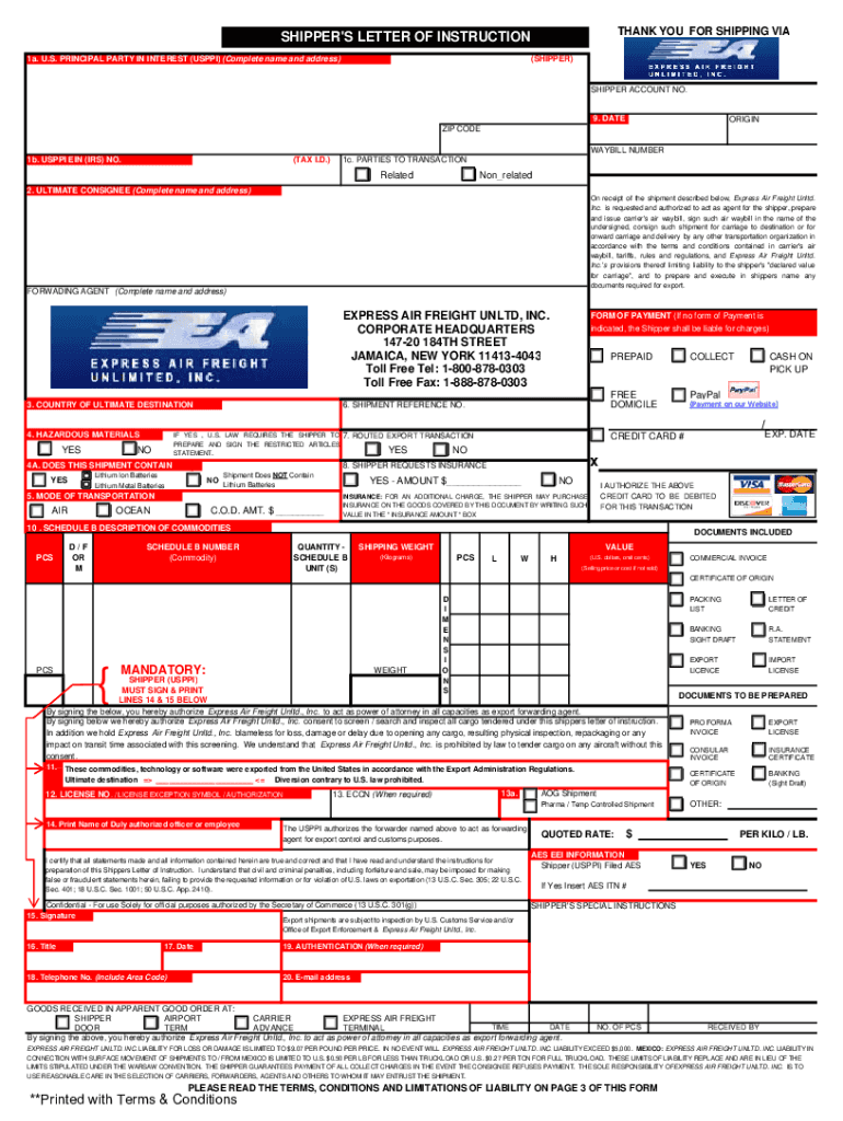 Fillable Online www.ups.comassetsresourcesSHIPPERS LETTER OF ...