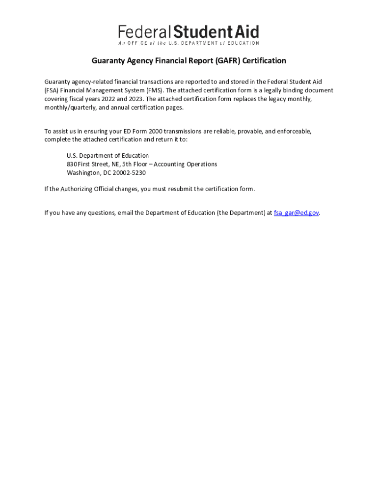 Fillable Online Guaranty Agency Financial Report (GAFR) Certification ...