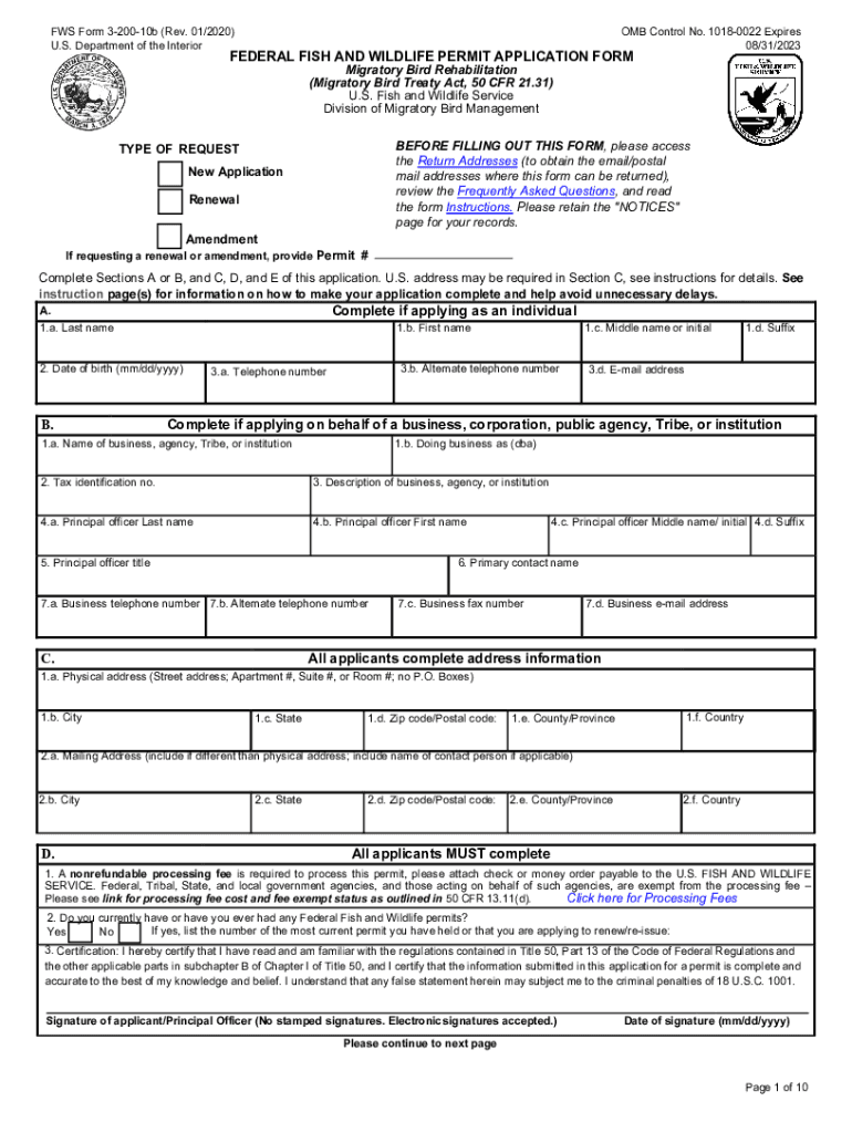 Fillable Online FEDERAL FISH AND WILDLIFE PERMIT APPLICATION FORM Migratory Bird Rehabilitation ...