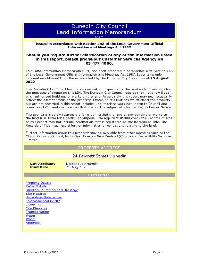 Fillable Online Dunedin City Council Land Information Memorandum ...