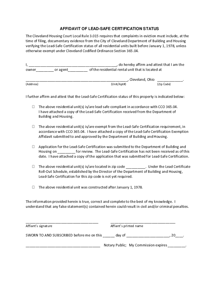 Fillable Online Affidavit of Lead-Safe Certification Status Fax Email ...